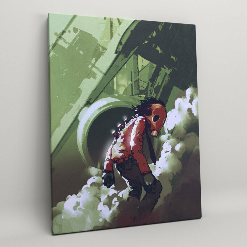 Картина на холсте (интерьерный постер) "Пост-апокалипсис - человек в противогазе", с деревянным подрамником, размер 22x30 см