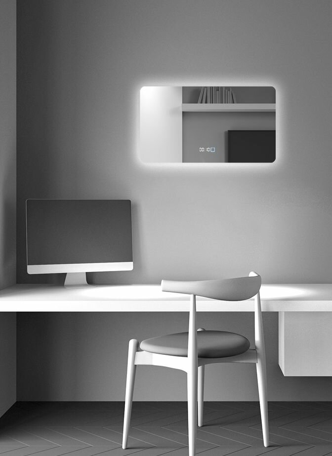 Зеркало для ванной с часами Prisma 40*60 прямоугольное горизонтальное "парящее" с нейтральной LED-подсветкой