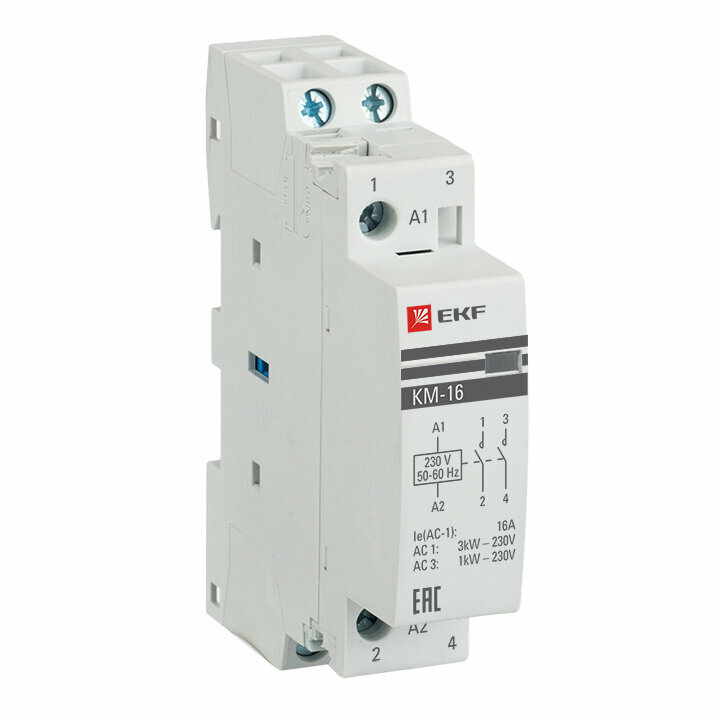Контактор модульный EKF 16А 1П, 220В 2НО КМ, 2-полюсный