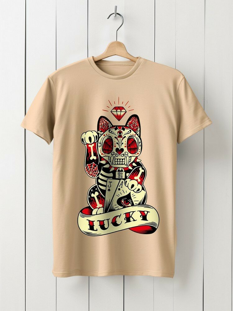 Футболка Футболка унисекс бежевая из хлопка с DTF принтом Хеллоуин кото-скелет (манэки-неко, олдскул тату, осень, подарок, Helloween) - 9419