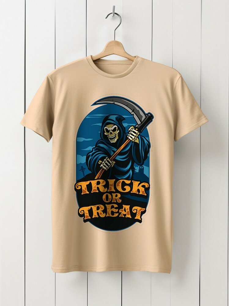 Футболка Футболка унисекс бежевая из хлопка с DTF принтом Хеллоуин смерть с косой (Рэтро плакат, винтаж, осень, подарок, Helloween) - 9437