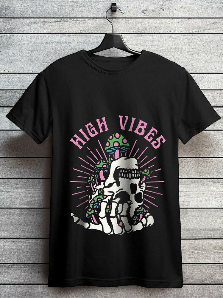 Футболка Футболка унисекс черная из хлопка с DTF принтом хеллоуин череп ( кости, Helloween, конфеты, скелет, грибы) - 8447