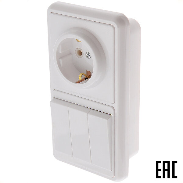 Блок выключатель 3кл.+розетка "евр" с/п белый Кунцево-Электро БКВР-033