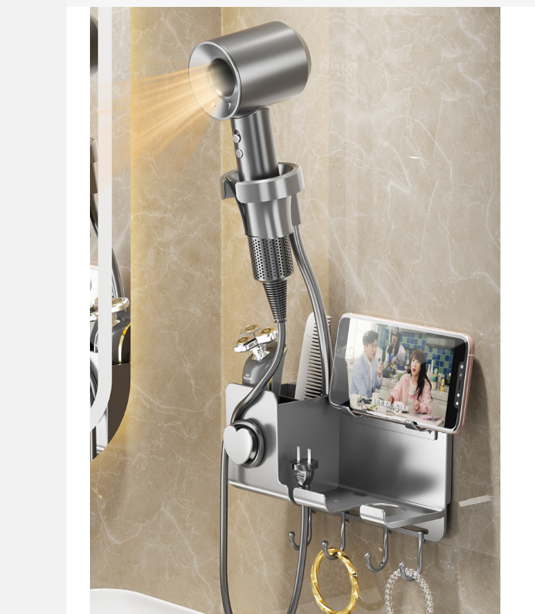 Держатель для фена настенный в ванну с подставкой для телефона MyPads, без перфорации с органайзером, идеально подходит для фена Дайсон (Dyson)