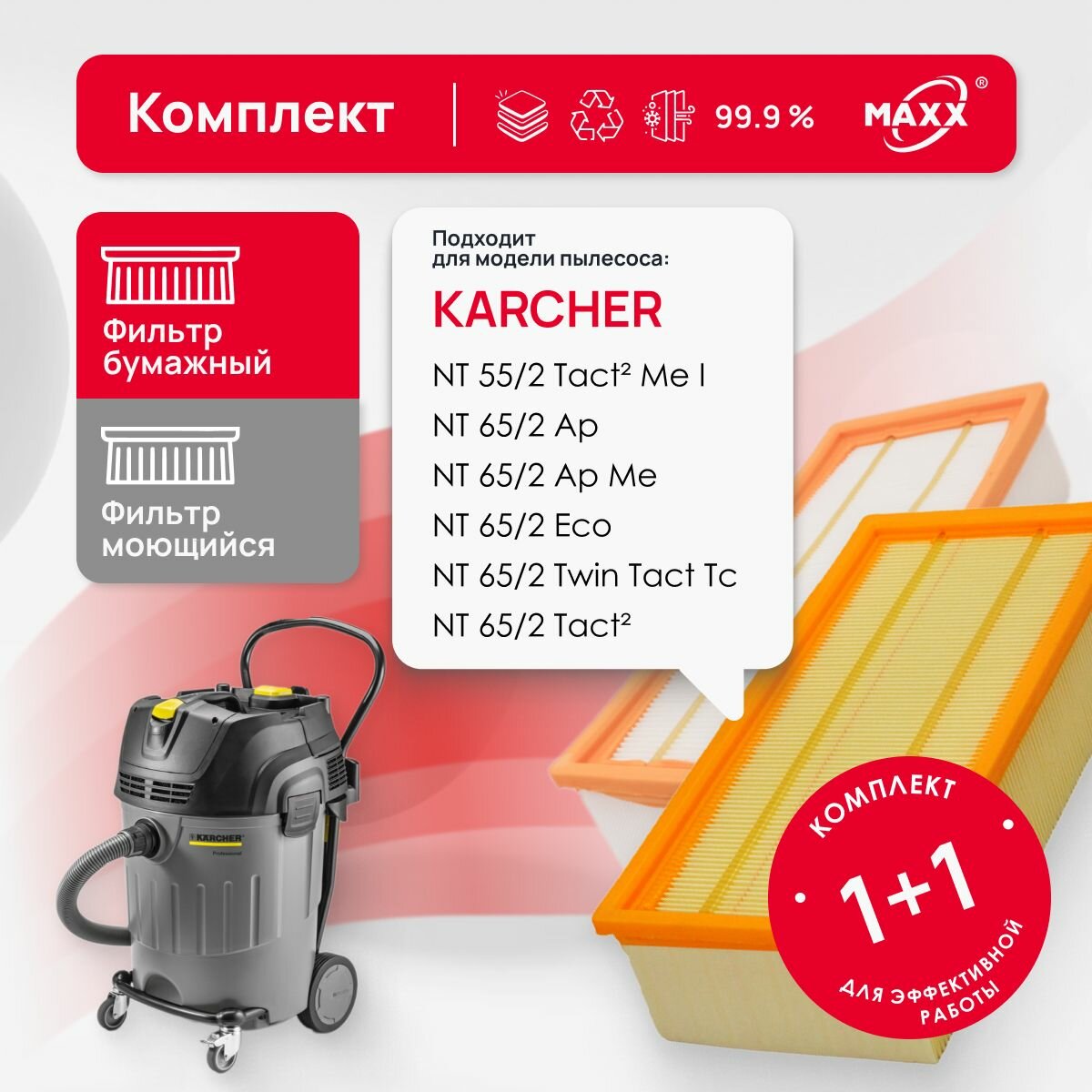 Моющийся и бумажный фильтр MAXX для пылесоса Кarcher NT 55/2, Кarcher NT 65/2