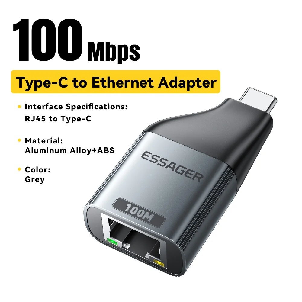 Essager Type-C к Ethernet адаптер 100Mbps, серый