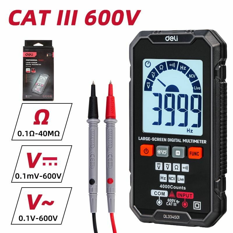 Многофункциональный цифровой мультиметр Deli DL334501 (напряжение 0.06-600 В, сопротивление 40 МОм)