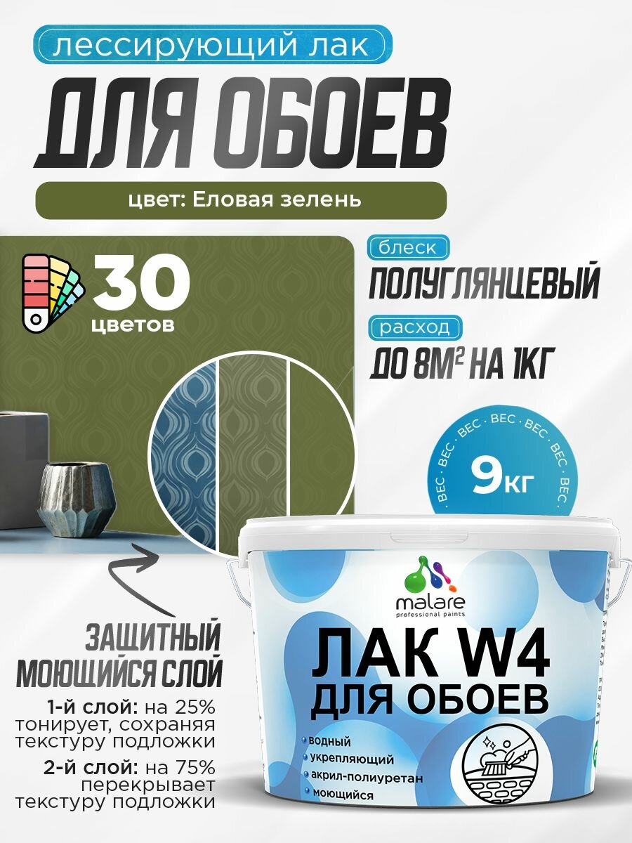 Лак колерованный тонирующий для защиты обоев Malare W4 универсальный для дерева и минеральных поверхностей, водный без запаха быстросохнущий, полуглянцевый, еловая зелень, 9 кг.