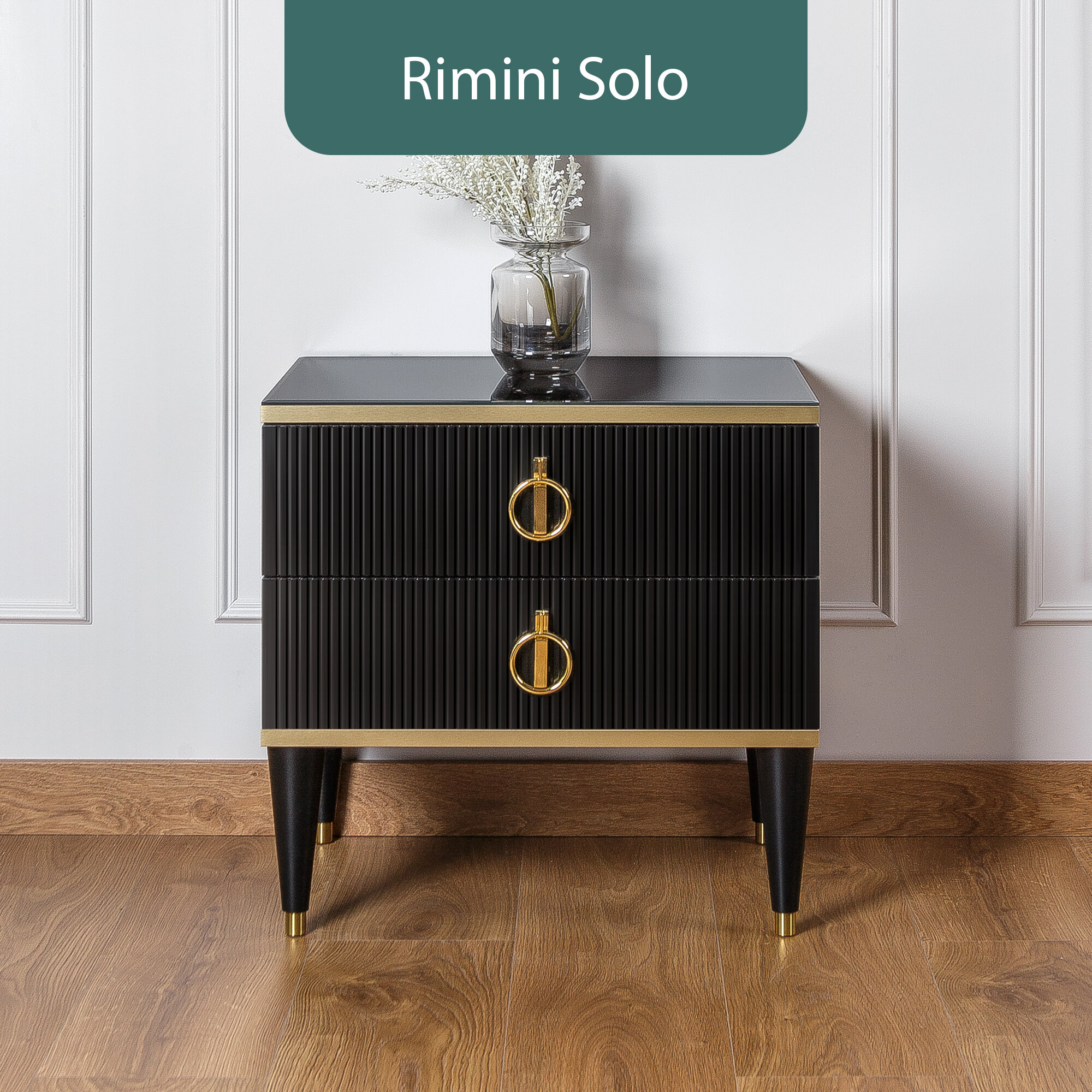 Тумба прикроватная 2 ящика Rimini Solo. Черный/золото