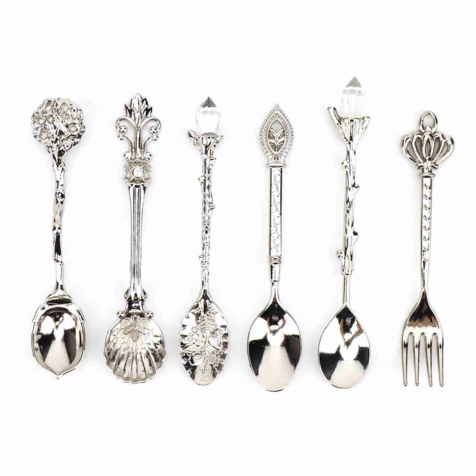 6Pcs/Set Innovative Vintage Retro Zinc Alloy Spoons Fork Set Cutlery Kitchen AccessorySilver (Crown Handle)