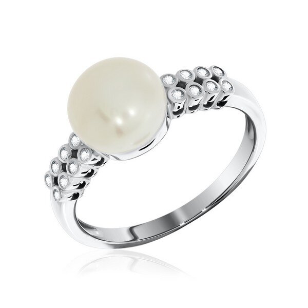 Кольцо, серебро, 925 проба, родирование, фианит, жемчуг пресноводный