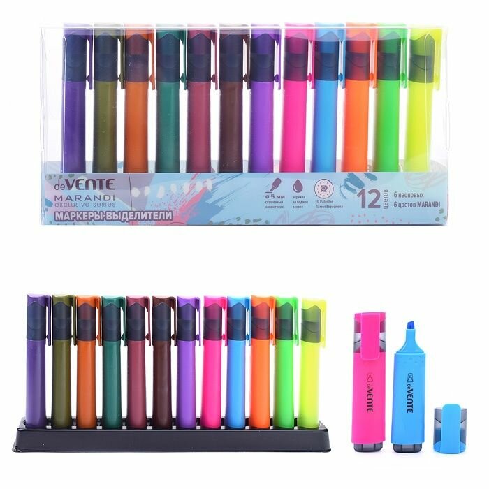 Маркеры-выделители deVENTE "Marandi", 12 цветов, 6 неоновых, плоский корпус, скошенные