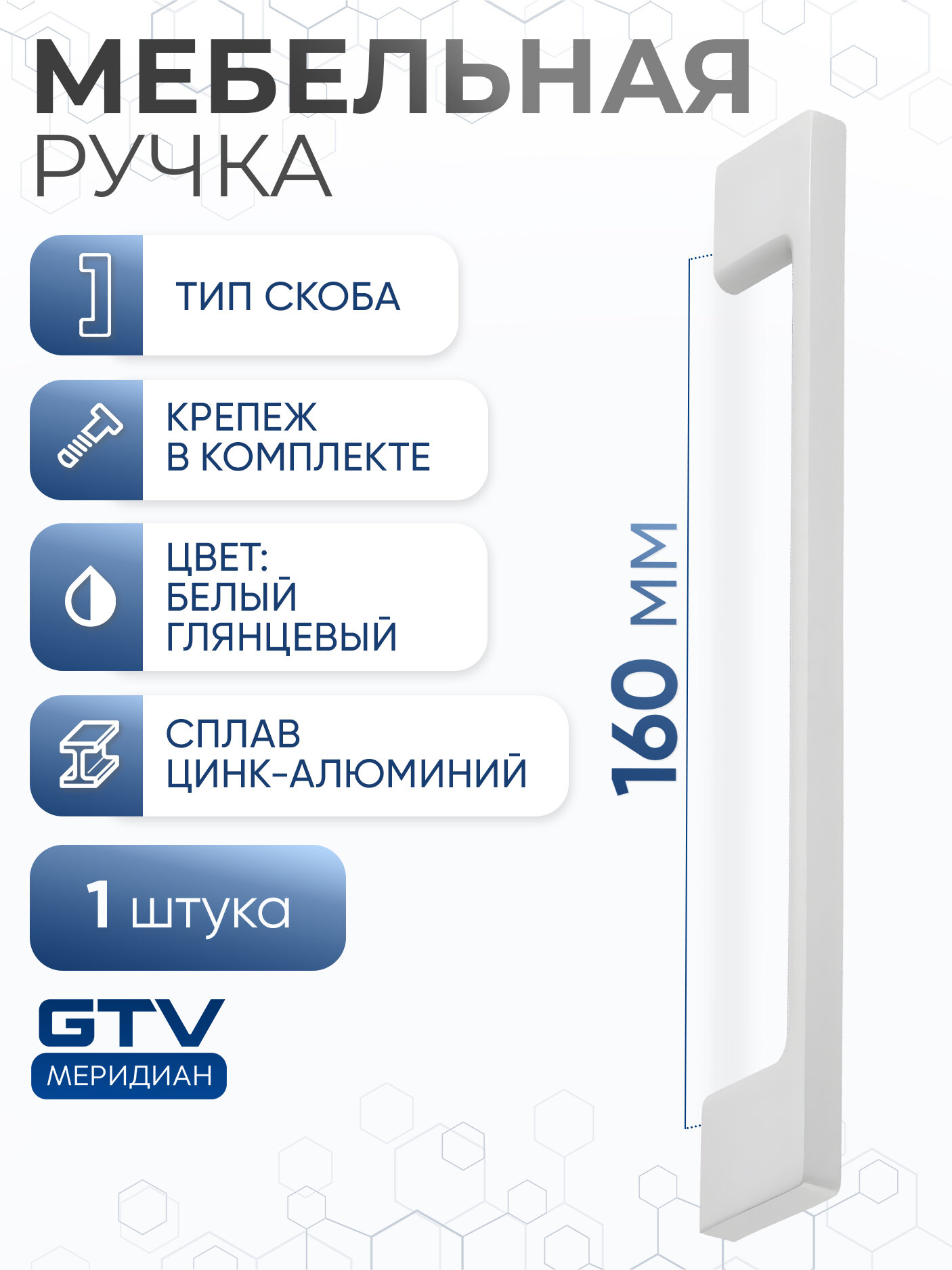 Ручка мебельная скоба 160 мм UZ 819 алюминий белый глянцевый 1 шт