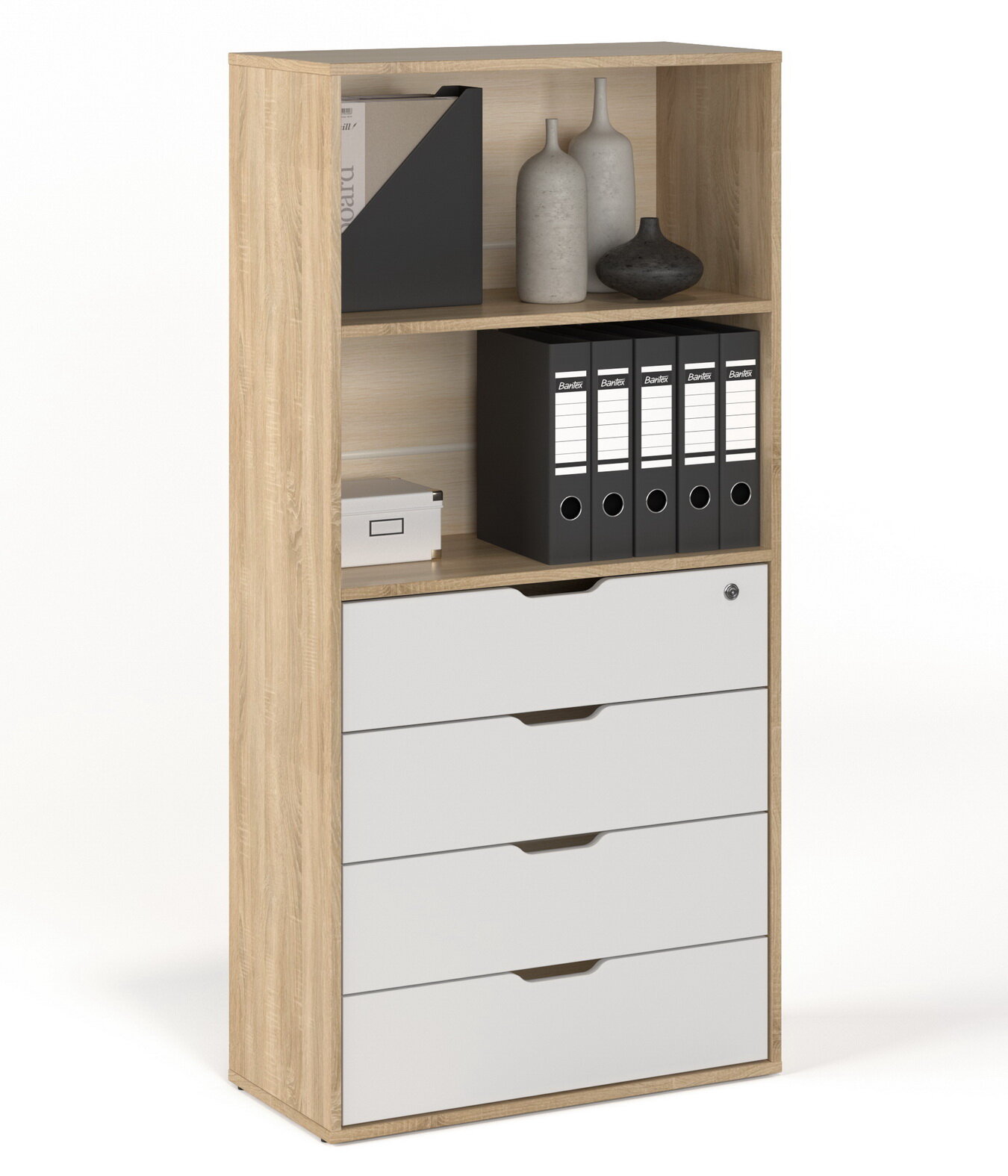 Стеллаж БАНГА-34 Дуб Сонома - Белый, с ящиками и открытой полкой, (ВхШхГ) 142,6х69,8х32,6 см, ЛДСП