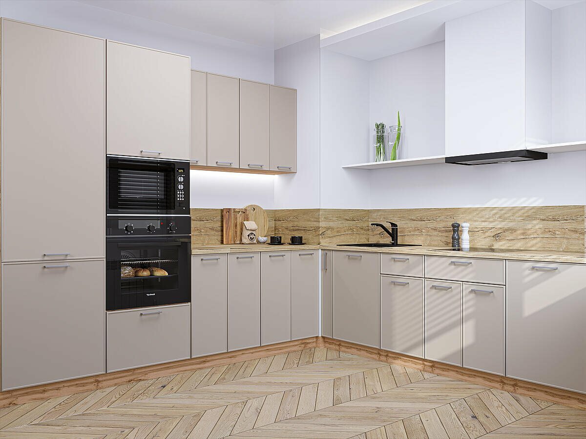 Кухня Квадро-02, цвет фасада Кашемир, цвет каркаса Дуб Вотан, 2140*2400/2150*600 мм