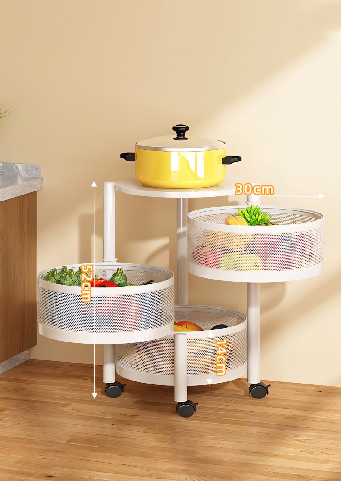 Этажерка круглая, на колесиках, высота 52 см, четырехуровневая, с поворотными полками, белый