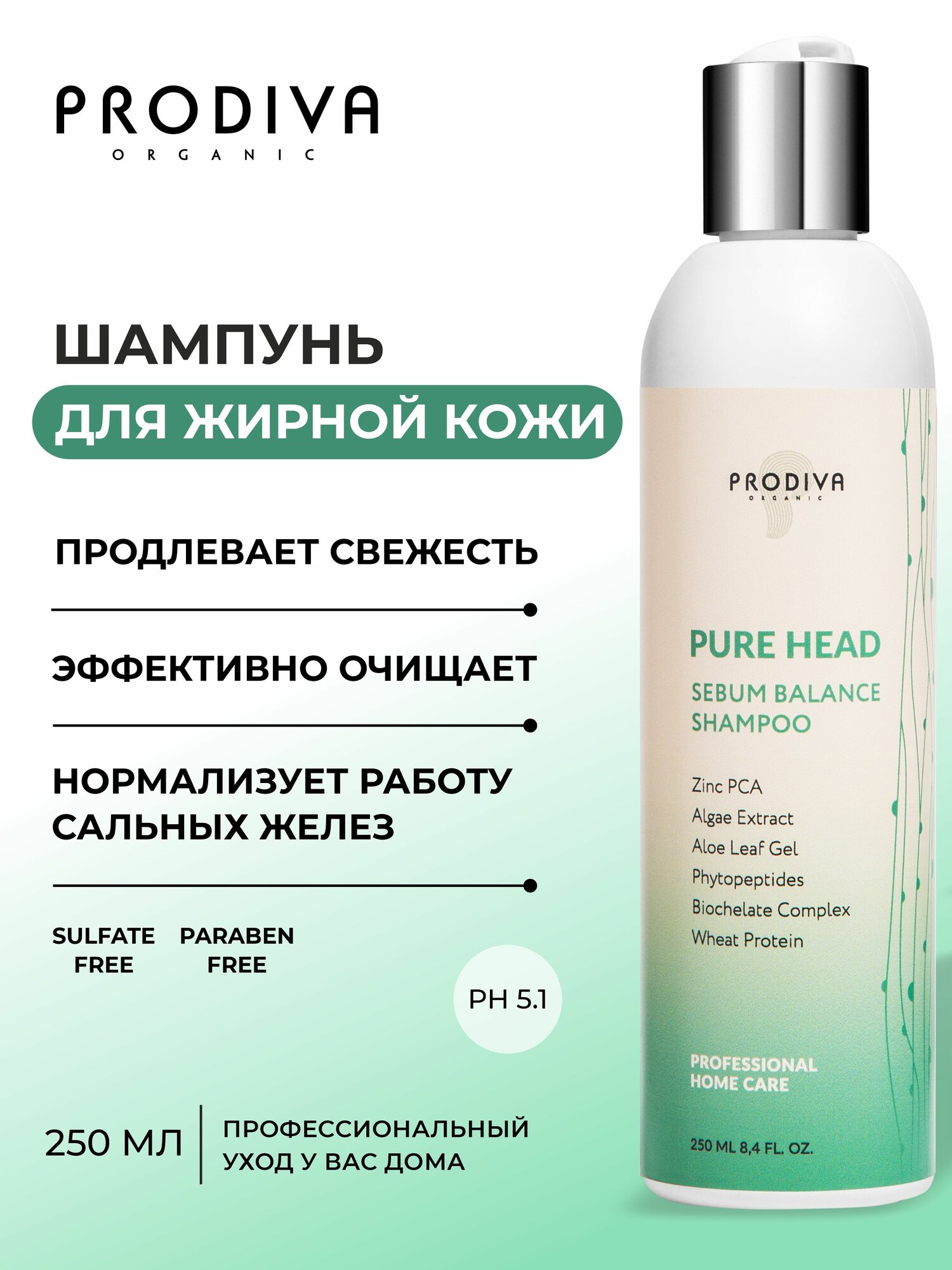 Шампунь для жирной кожи головы и волос Pure Head Sebum Balance Shampoo профессиональный без сульфатов и силиконов250 мл