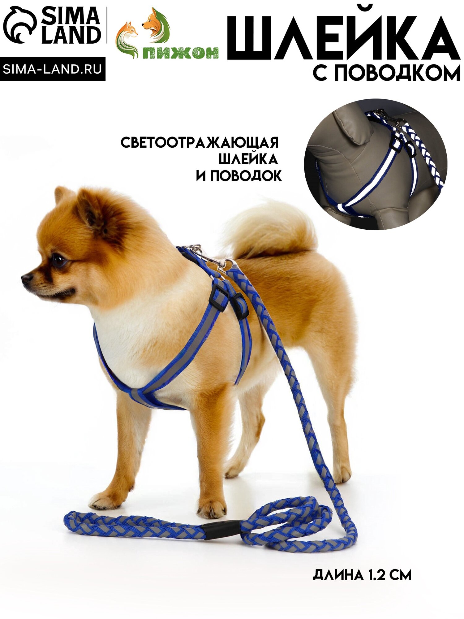 Шлейка с поводком «Плетенка», ОГ 32-48×1.5 с, поводок 115×1 см, флуоресцентная, синяя