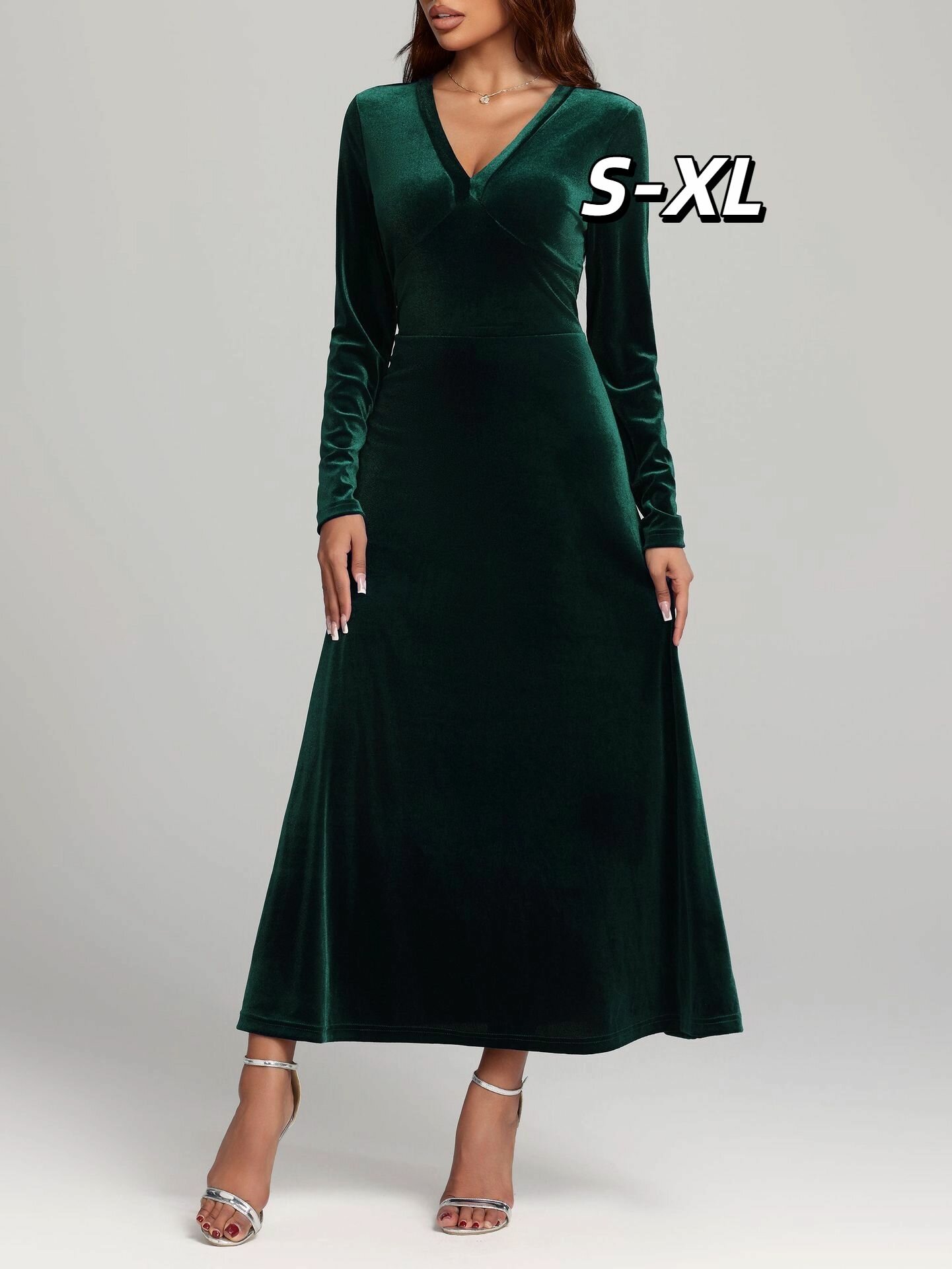 Платье вечернее бархатное V-образным вырезом Элегантное платье на выход с длинными рукавами для особого случая