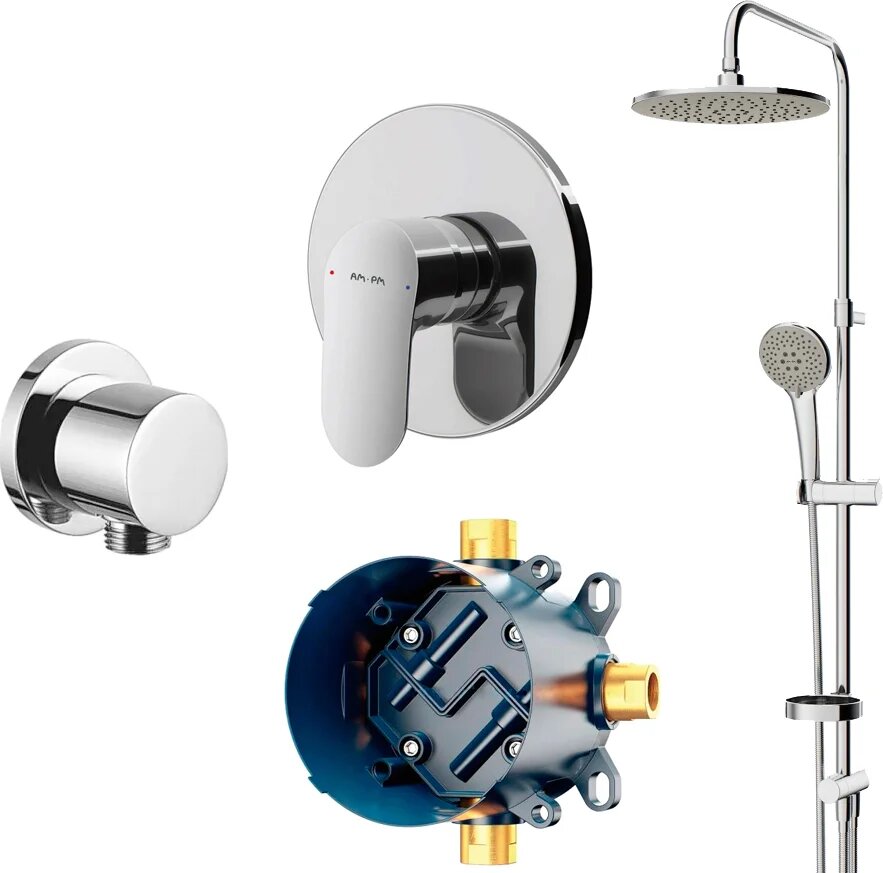 Душевой комплект AM.PM Like 5 4 в 1, встраиваемый, с внутренней частью в комплекте, со смесителем, хром, глянцевый, душевая система