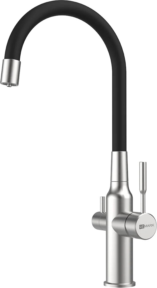Смеситель для кухни Lemark Expert LM5083S-Black с гибким изливом, с краном для питьевой воды, с поворотным изливом, черный, матовый, глянцевый, однорычажный, латунный, с керамическим картриджем