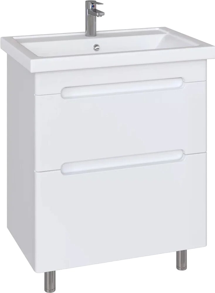 Тумба с раковиной SanStar Адель 70 напольная, 71 см, белая, глянцевая, из МДФ, с ящиками, раковина для ванной фарфоровая, прямоугольная, встроенный слив-перелив