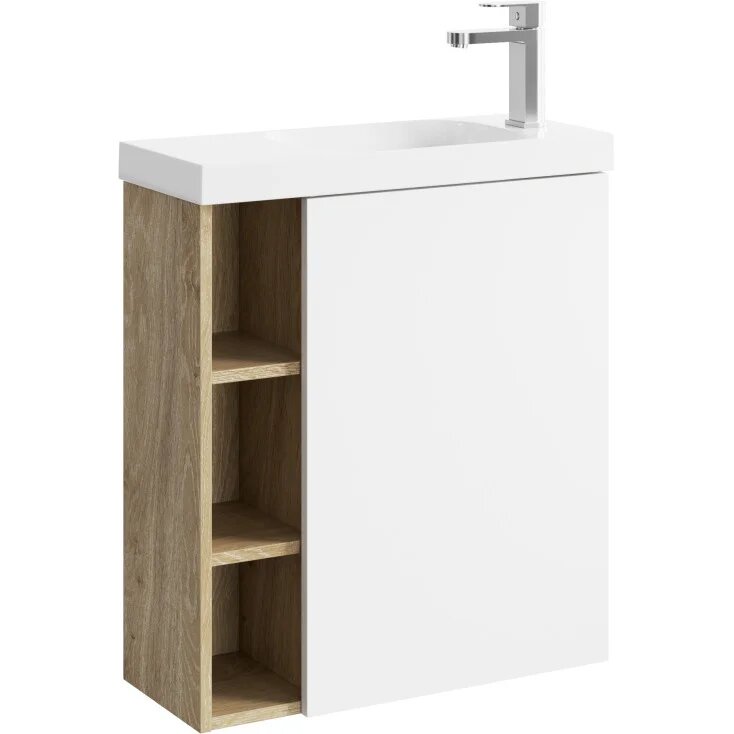 Тумба с раковиной Aqwella Alba подвесная, 60 см, светлое дерево, матовая, из ЛДСП, с дверками, раковина для ванной, из искусственного мрамора, прямоугольная