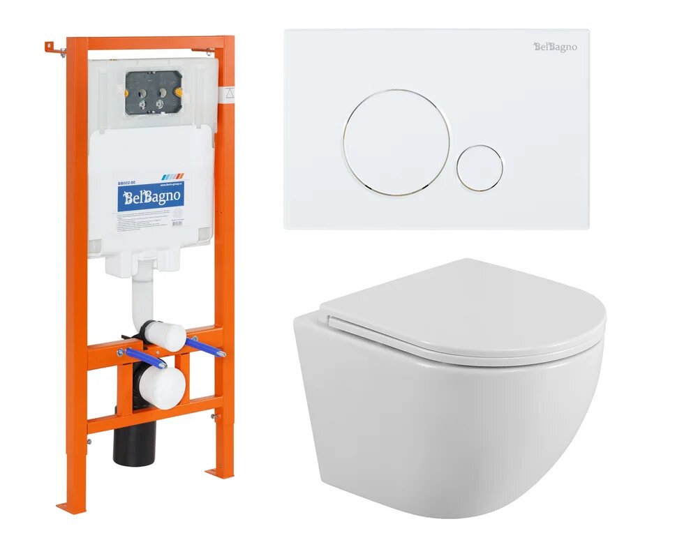 Комплект Унитаз подвесной BelBagno Uno BB3105CHR/SC безободковый, с микролифтом, инсталляция BB002-80 с кнопкой BB014-SR-BIANCO