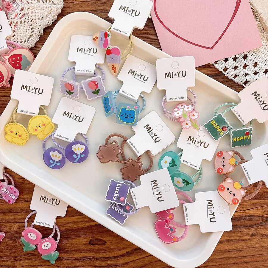 Акриловые резинки для волос с цветком для девочек, мягкие эластичные детские резинки для волос без зацепок, милые держатели для хвоста с героями мультфильмов, 2 шт.