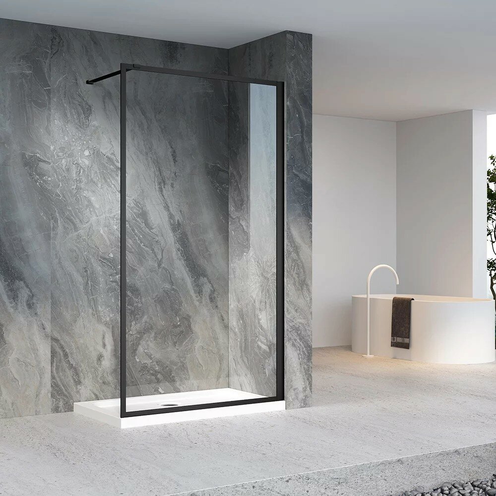 Душевая перегородка Veconi Robertina 110x200, прямоугольная, прозрачное, 8 мм, черный