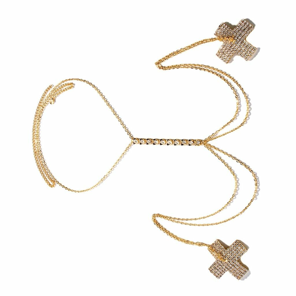 Многослойная цепочка с крестом на груди для вечеринки, сексуальная цепочка для тела со стразами на шее-золото