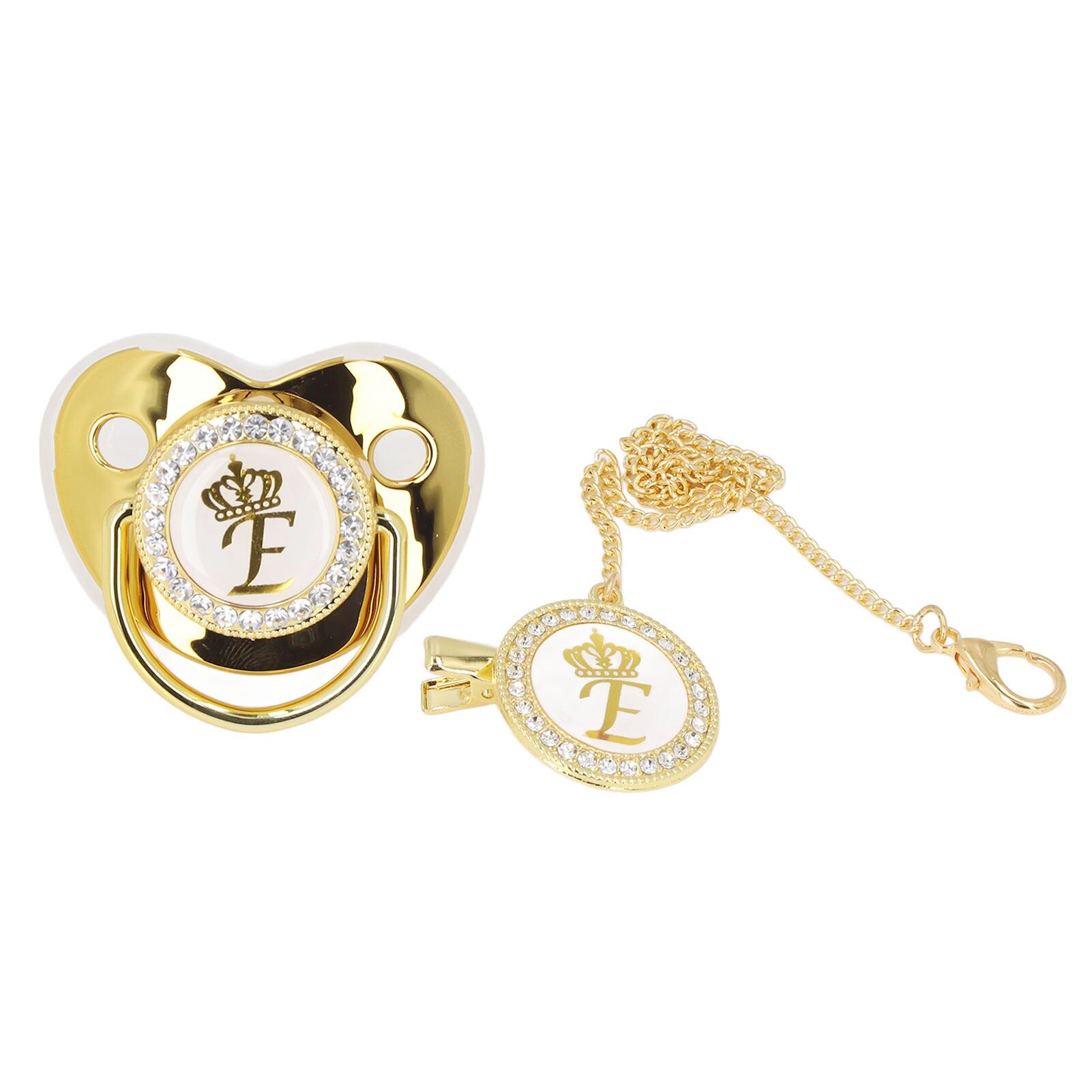 Baby Pacifier Infant Portable Exquisite Golden Crown Letter Rhinestone with Chain Clip E