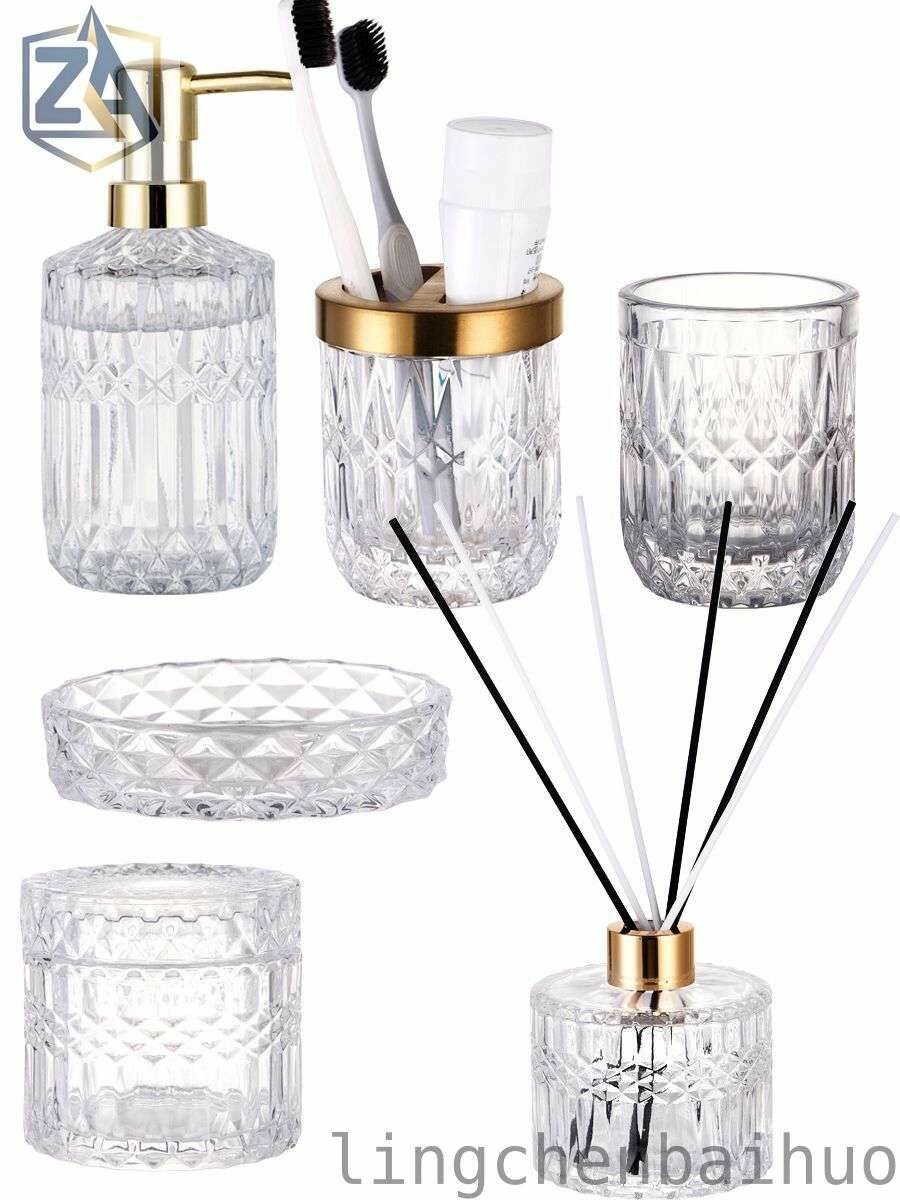 Набор аксессуаров для ванной комнаты, прозрачный, набор из 5 шт дозатор 370 мл, держатель зубной щетки, стаканчик для зубной пасты, баночка для тампона, контейнер для тампона, мыльница.