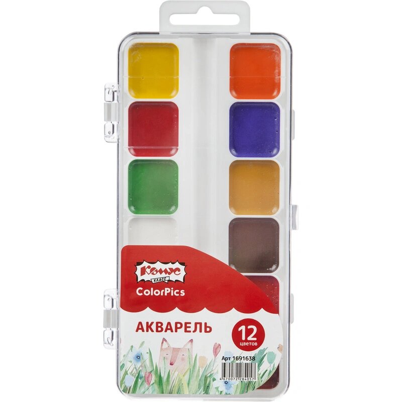 Краски акварельные Комус Класс ColorPics набор 12 цв б/кисти пластик