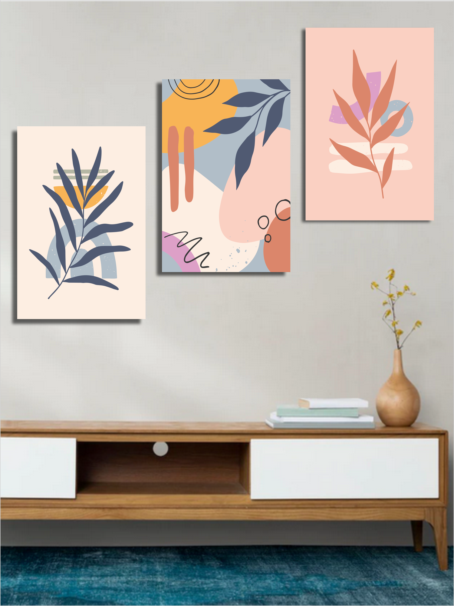 Модульная картина для интерьера на стену минимализм. Тропические листья и геометрическая абстракция 40х60 см - 3 штуки на холсте на подрамнике
