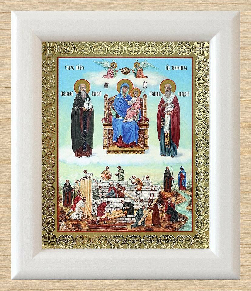 Икона Божией Матери "Экономисса" (лик № 096), в белой деревянной рамке 12,5*14,5 см