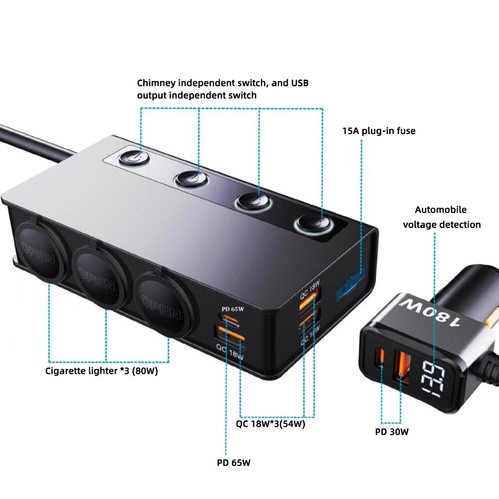 Разветвитель розетки прикуривателя 180 Вт 9 в 1, 48 Вт Type-c + QC3.0, адаптер для быстрого автомобильного зарядного устройства с независимым переключателем ВКЛ/выкл