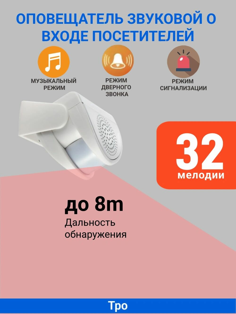 Датчик движения на дверь с оповещателем. Сигнализатор посетителей для магазина и дома. беспроводной.