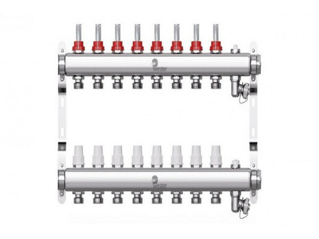 Коллекторная группа 1" из нерж. стали на 8 выходов 3/4"ЕК с расходомерами, коллектор W902 в сборе, Wester 0-32-1840