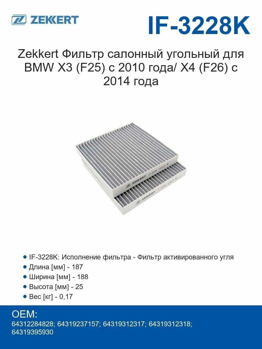 Zekkert Фильтр салонный угольный для BMW X3 (F25) с 2010 года/ X4 (F26) с 2014 года