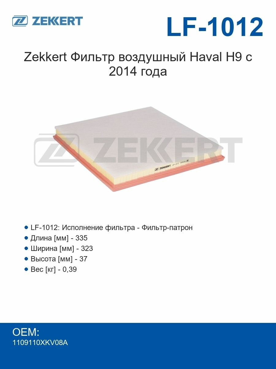 Zekkert Фильтр воздушный Haval H9 с 2014 года