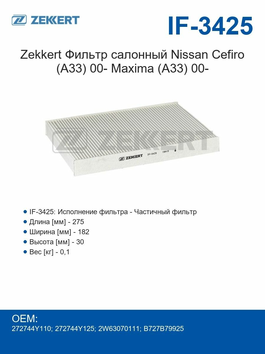 Zekkert Фильтр салонный Nissan Cefiro (A33) 00- Maxima (A33) 00-