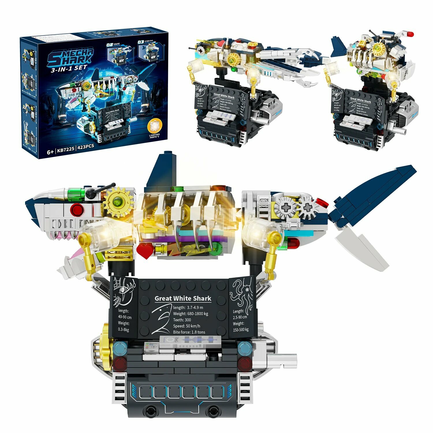 Креативная игрушка для аквариума, машина-трансформер с большой акулой, модель строительных блоков, набор 3-в-1, офисное украшение, воротник, игрушка, подарок для мальчика