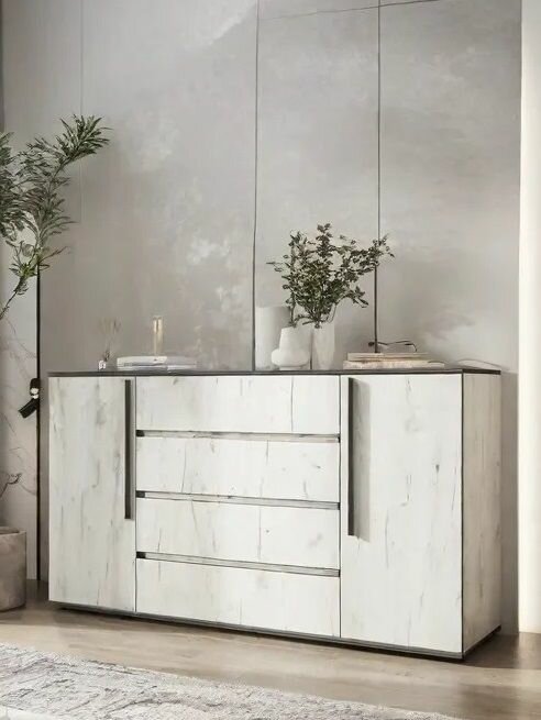 Комод с ящиками для одежды и вещей Норд высокий, под большой телевизор, в прихожую стиле лофт, 160х45х90 см, Дуб крафт белый