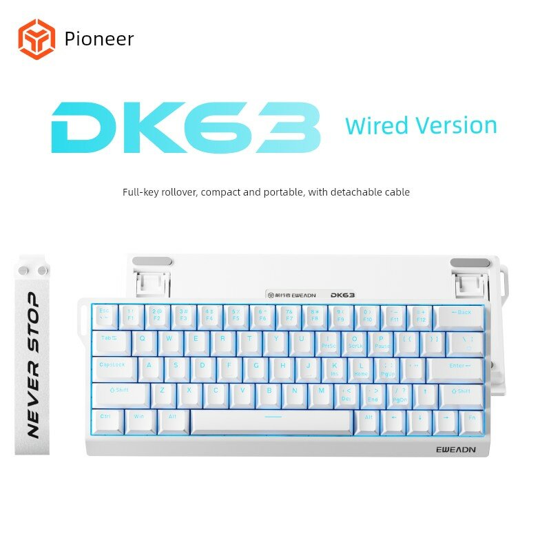 Механическая клавиатура для игр DK63 с переключателем Cherry MX Blue, 63 клавиши, проводная, белая с ледяной синей