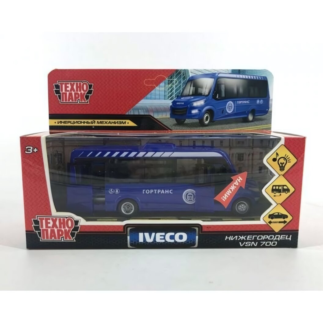 Инерционная металлическая модель «Автобус Iveco Daily Нижегородец» VSN 700, синий, свет/звук, двери, 15 см, Технопарк