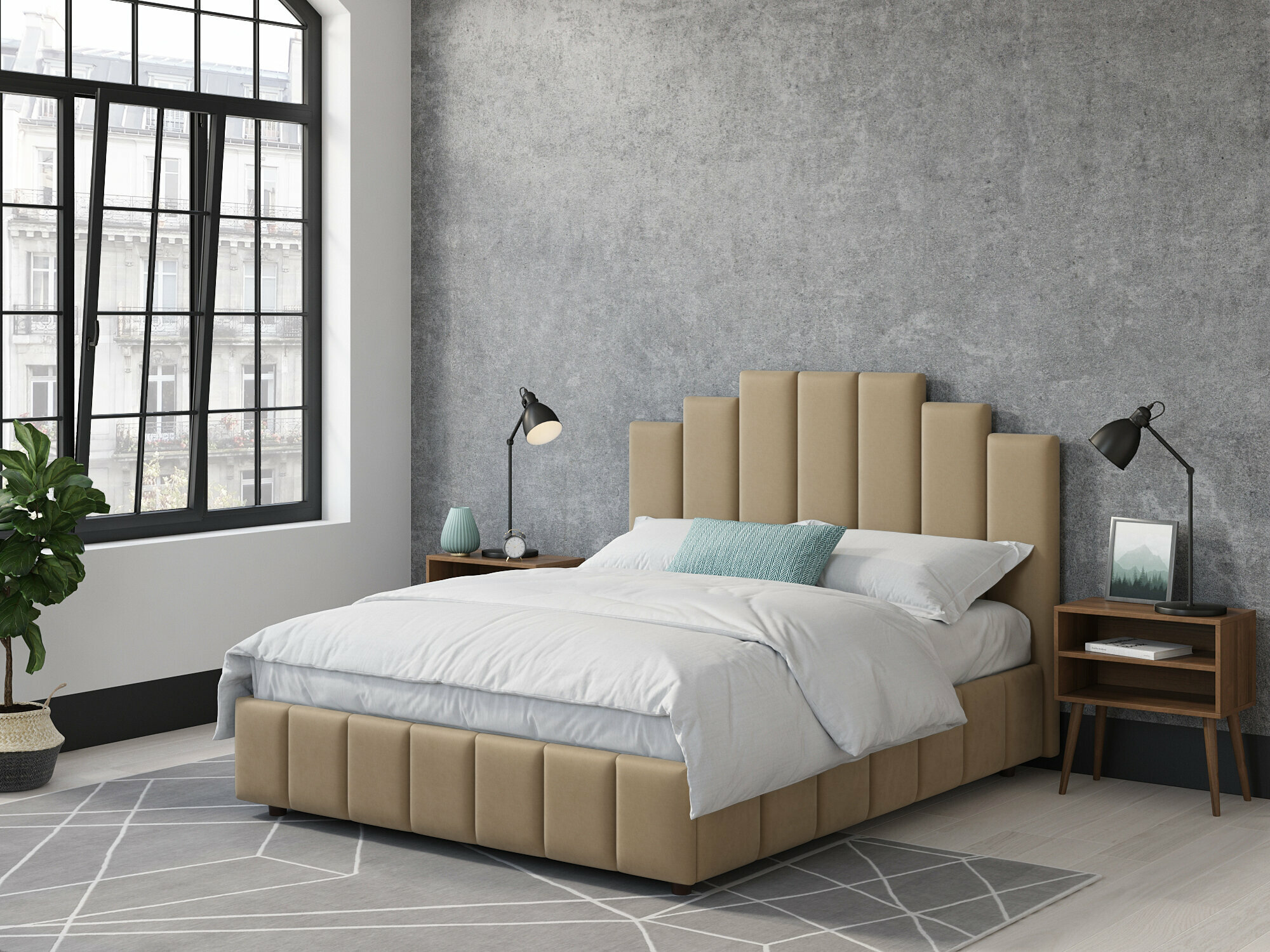 Двуспальная кровать 120х200, "ARTI" с мягким изголовьем для дома, для спальни, ортопедическое основание. Велюр Бежевый (без подъёмного механизма) Teddy 007