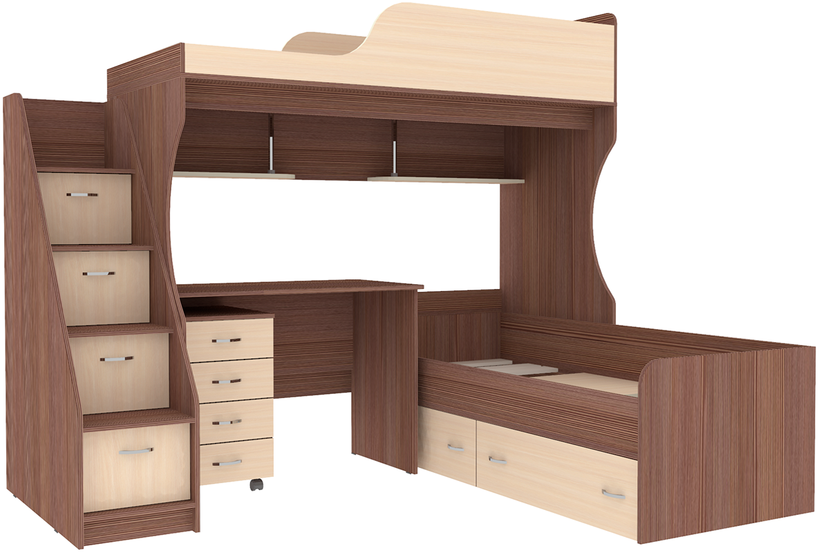 Двухъярусная кровать Дуэт-5 с лестницей комодом Бодего Темный Дуб Молочный