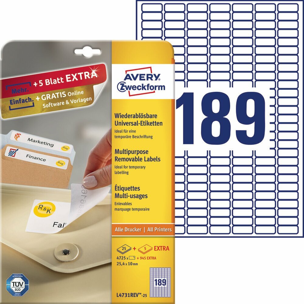 Этикетки Avery Zweckform самоклеящиеся удаляемые [L4731REV-25] (25.4x10 мм, 4725 шт, 25 листов)