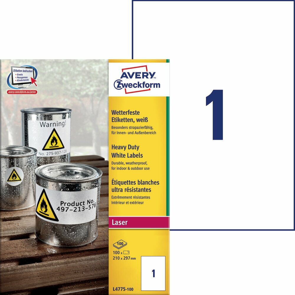 Всепогодные пленочные этикетки Avery Zweckform [L4775-100] (210x297 мм, 100 шт, 100 листов)
